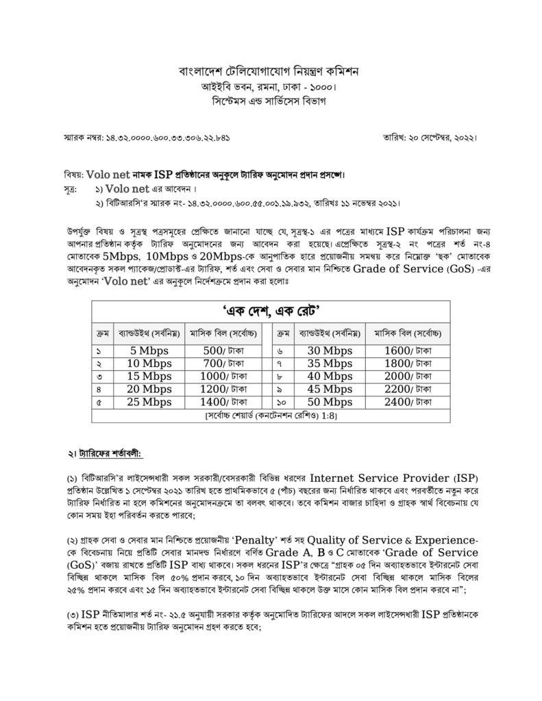 Approved Tariff Chart - Volo Net